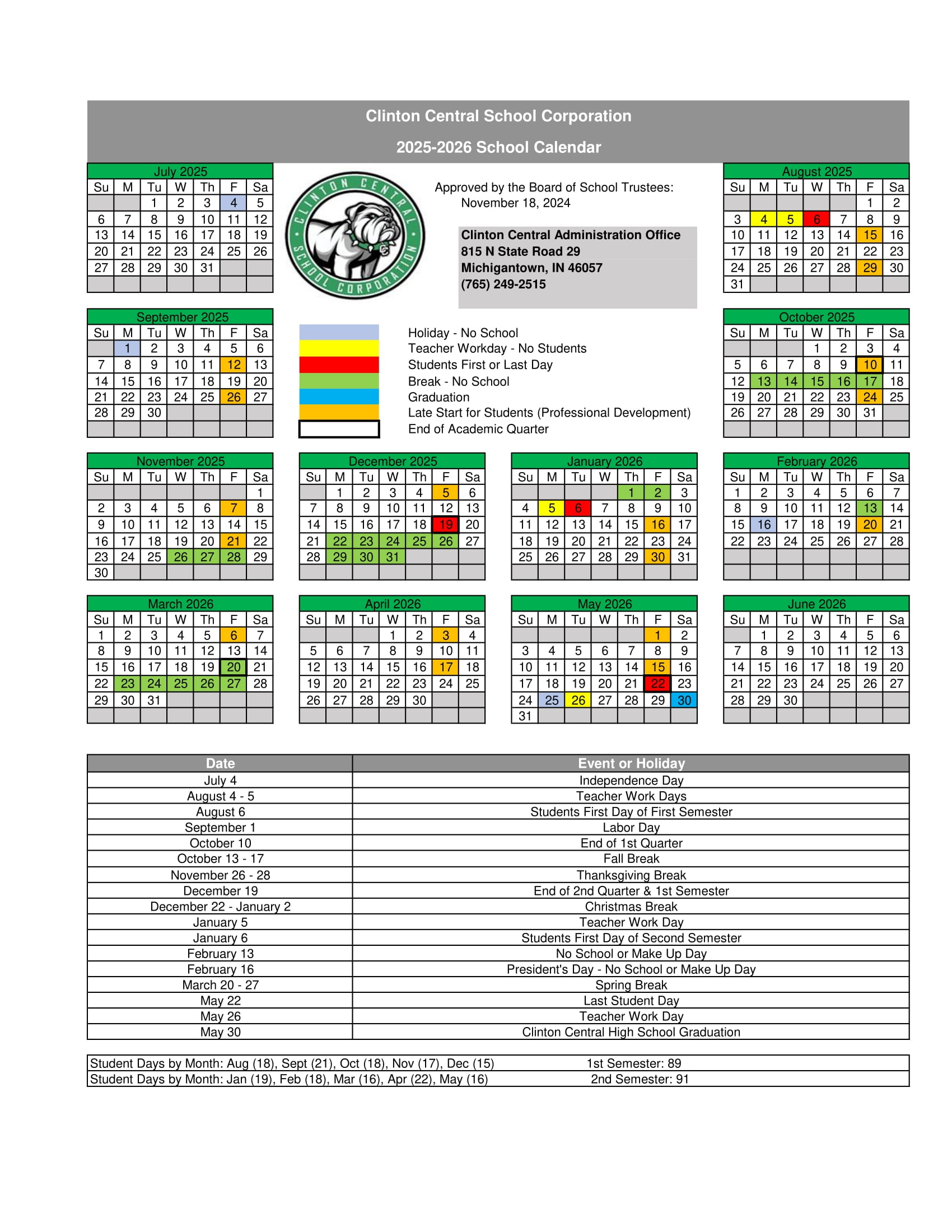 Clinton Central School Corporation Calendar 25-26 Revised [pdf] - EduCounty