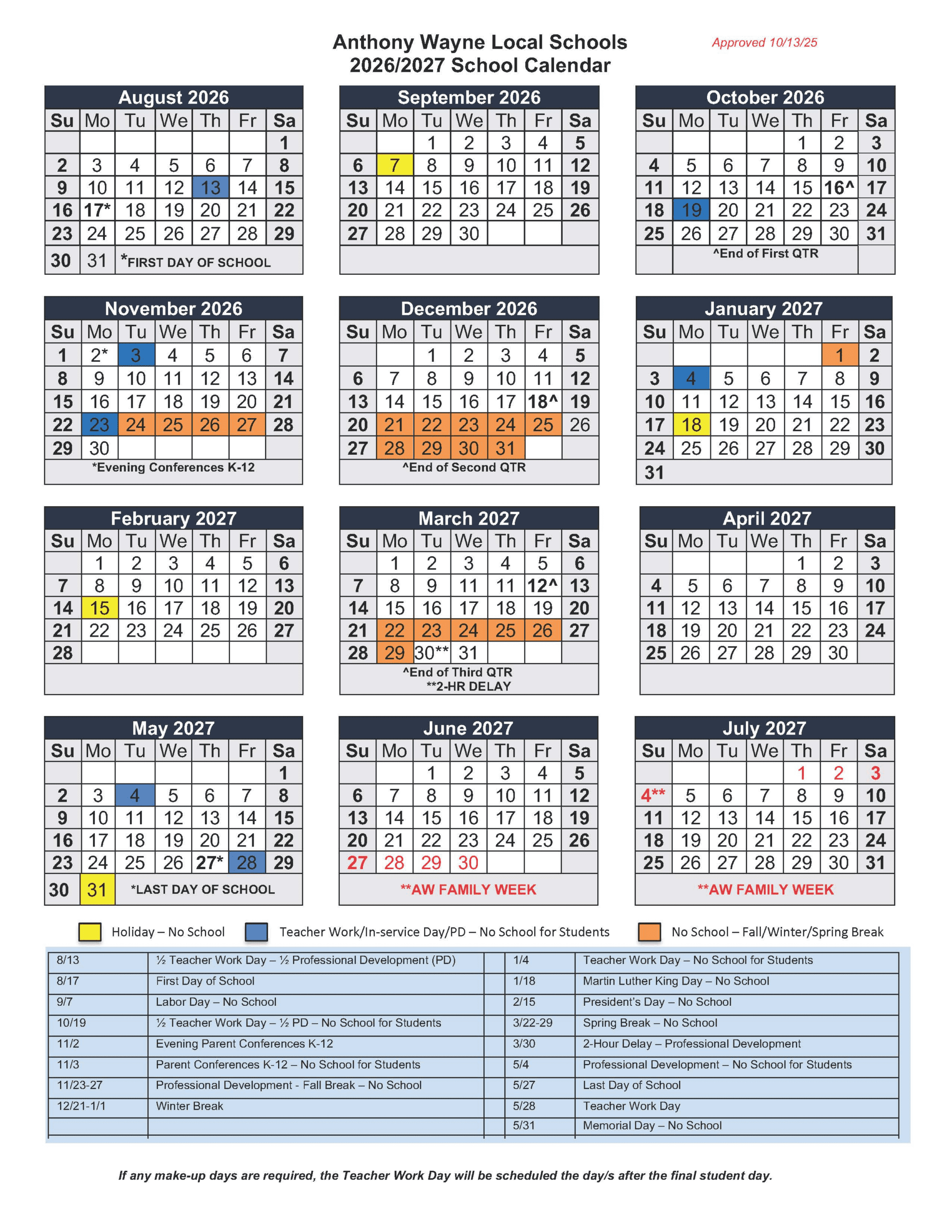Anthony Wayne Local Schools 26-27 Calendar pdf - EduCounty