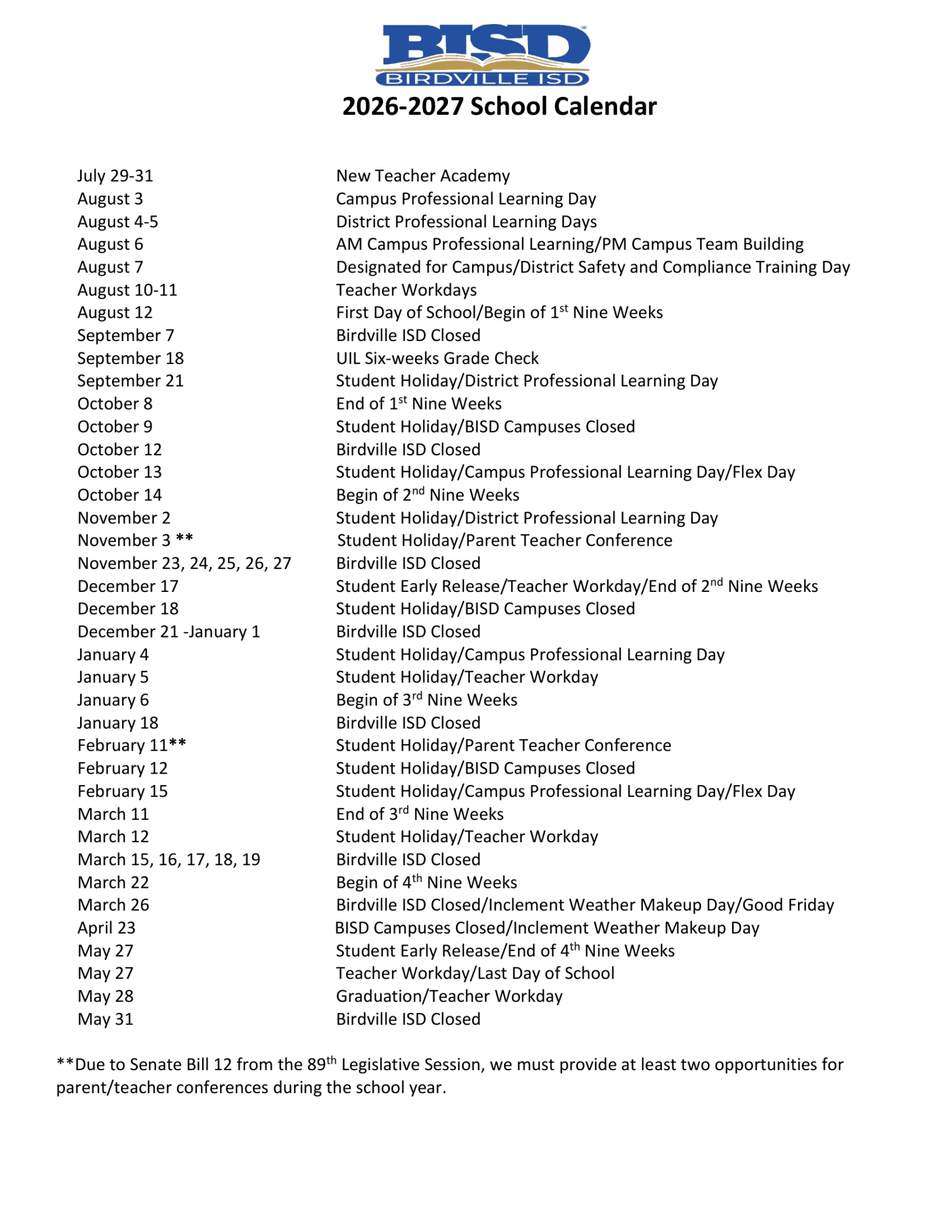 Birdville BISD Calendar 26-27 [PDF] - EduCounty