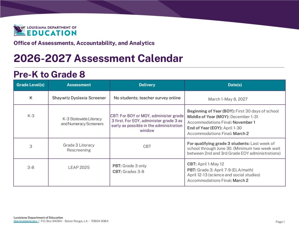 Louisiana Department of Education Calendar 26-27 Revised [PDF] - EduCounty