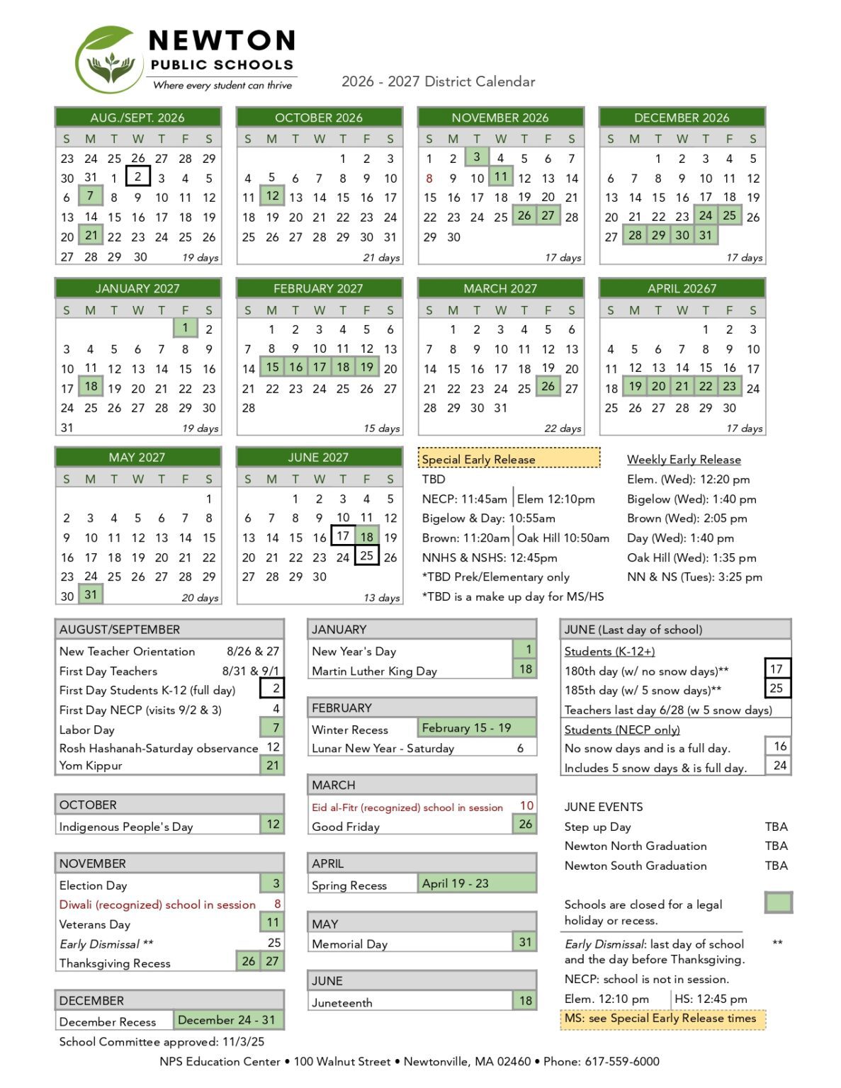 Newton Public Schools MA Calendar 26-27 [PDF] - EduCounty