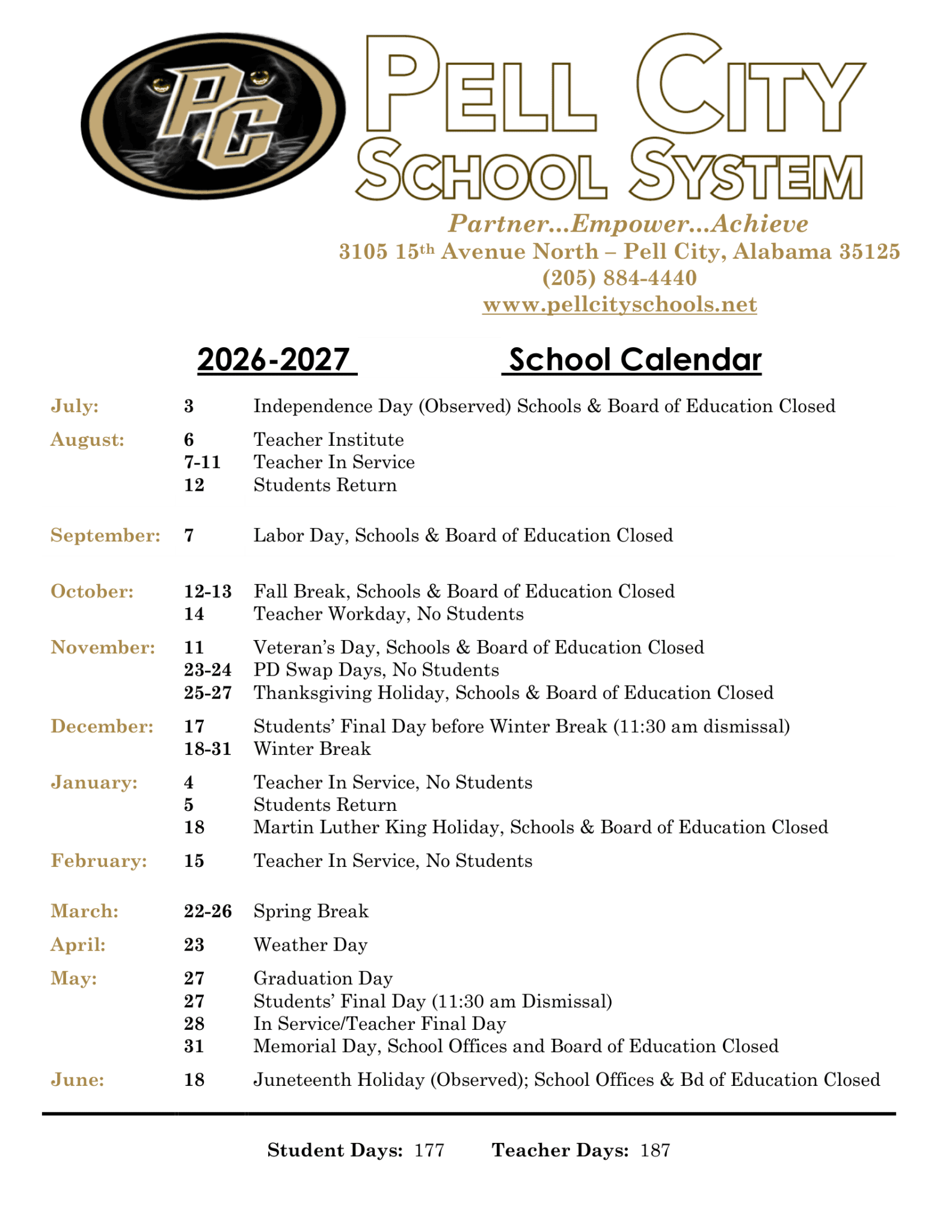 Pell City School System AL Calendar 26-27 Revised [PDF] - EduCounty