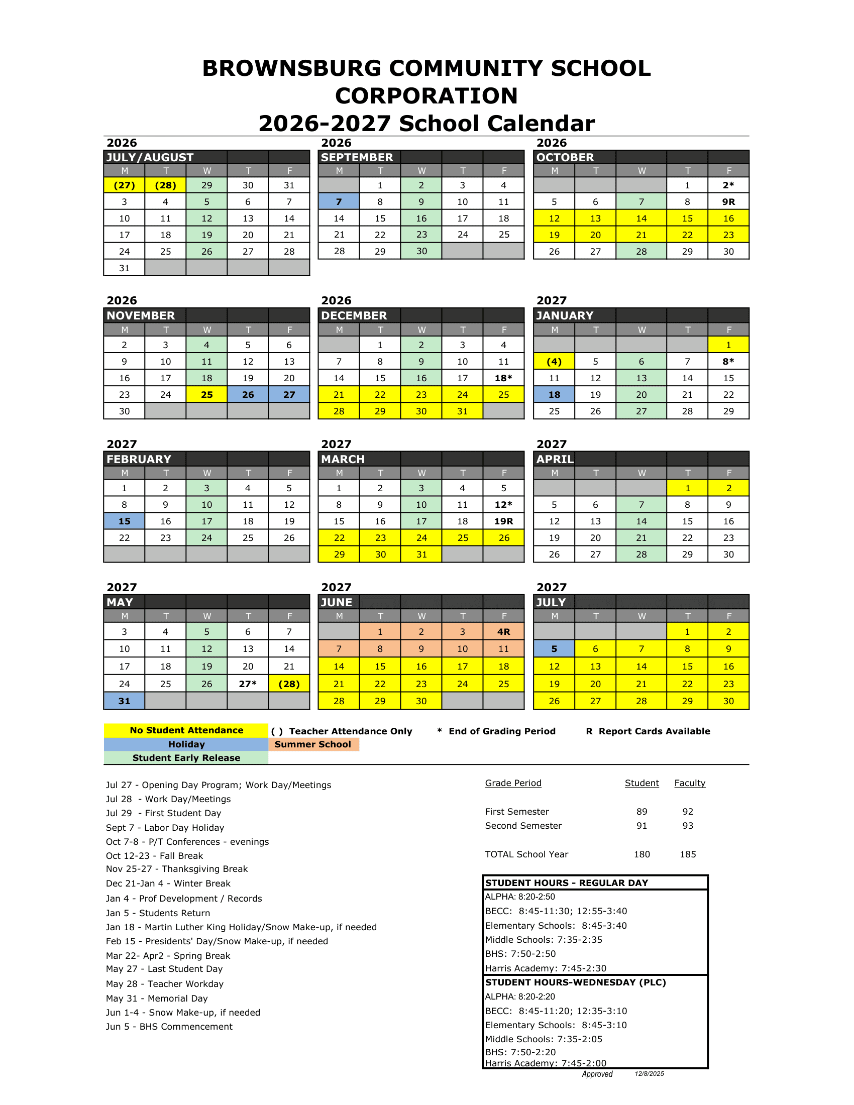 Brownsburg Community School Corporation Calendar 26-27 Revised - EduCounty