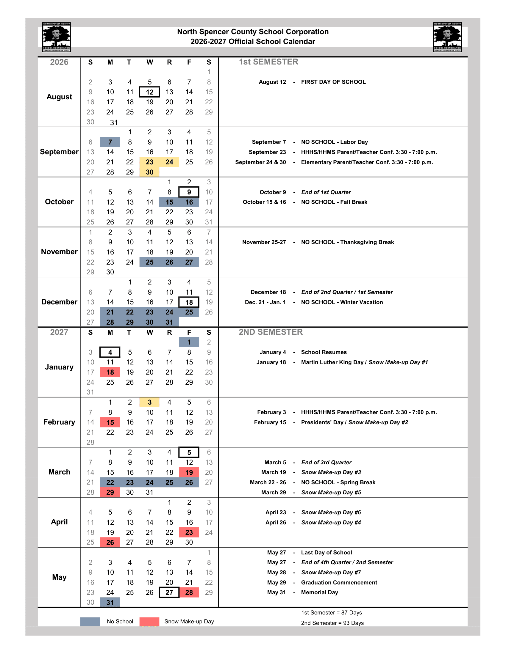 North Spencer County School Corporation Calendar 26-27 Revised - EduCounty