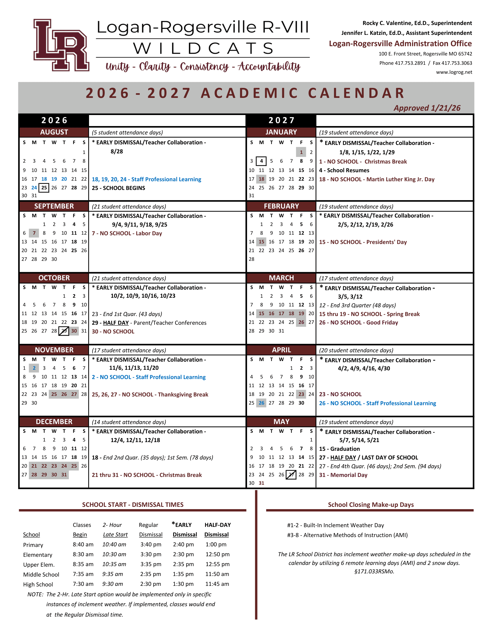 Logan-Rogersville R-VIII Wildcats Calendar 26-27 Revised - EduCounty