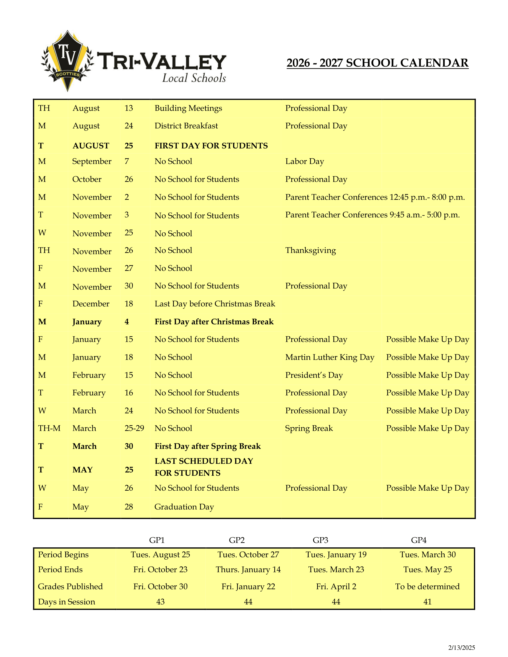 Tri-Valley Local Schools Calendar 26-27 Revised - EduCounty