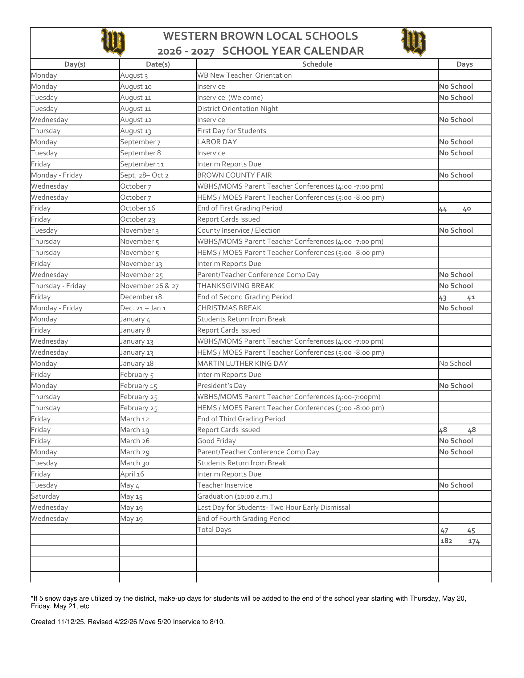 Western Brown Local Schools Calendar 26-27 Revised - EduCounty